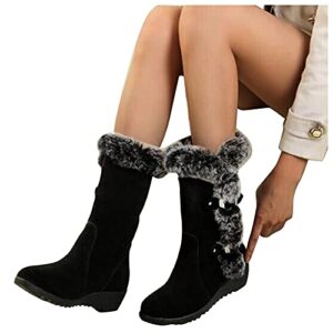 womens rain boots, women's fashion suede winter warm plus fleece cotton boots wedge heel belt buckle furry boots