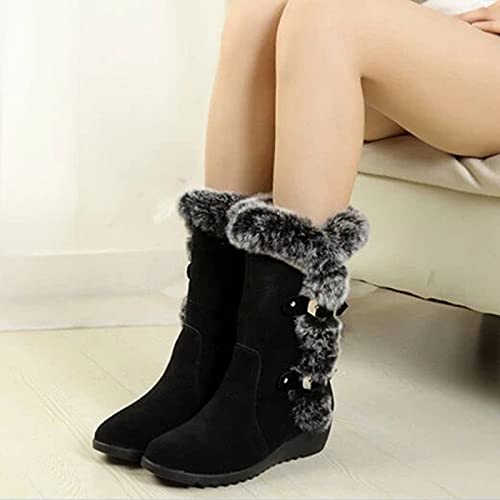 Womens Rain Boots, Women's Fashion Suede Winter Warm Plus Fleece Cotton Boots Wedge Heel Belt Buckle Furry Boots