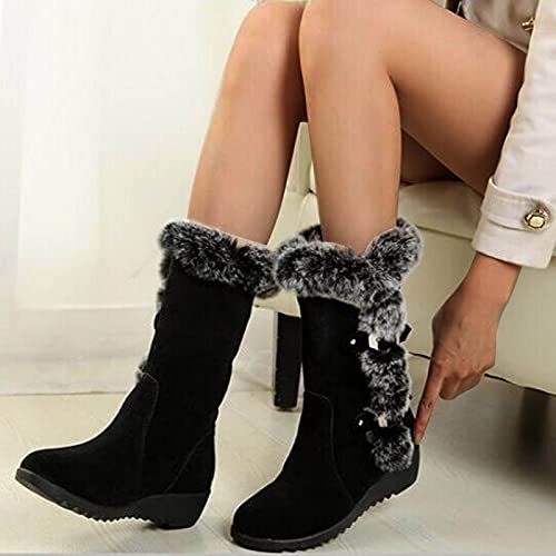 Womens Rain Boots, Women's Fashion Suede Winter Warm Plus Fleece Cotton Boots Wedge Heel Belt Buckle Furry Boots