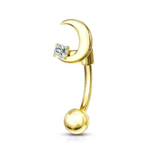 ssh crescent moon with cz curved barbell eyebrow ring rook daith snug piercing 16g - gold