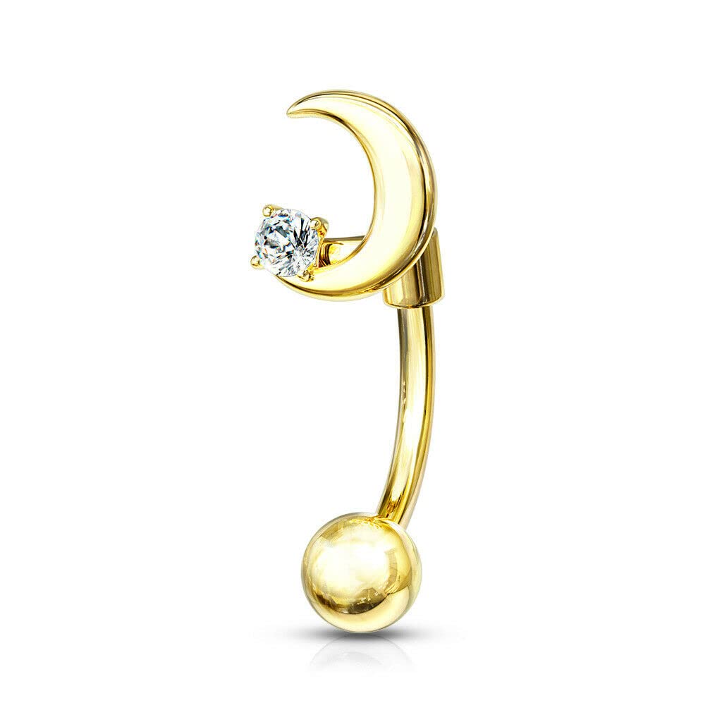 ssh Crescent Moon with CZ Curved Barbell Eyebrow Ring Rook Daith Snug Piercing 16G - Gold