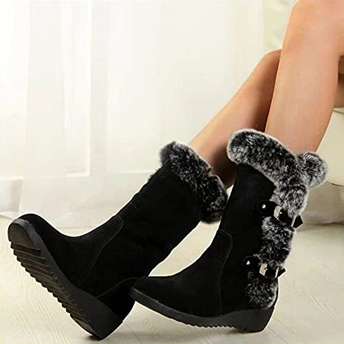 Womens Rain Boots, Women's Fashion Suede Winter Warm Plus Fleece Cotton Boots Wedge Heel Belt Buckle Furry Boots