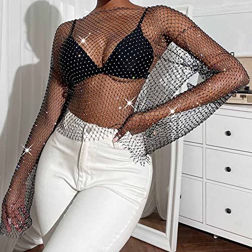 GENBREE Mesh Tank Top Rhinestone Body Chain Glitter Long Sleeve Cover up Crop Tops Elastic Fishnet Body Jewelry Accessories for Women and Girls