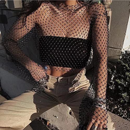 GENBREE Mesh Tank Top Rhinestone Body Chain Glitter Long Sleeve Cover up Crop Tops Elastic Fishnet Body Jewelry Accessories for Women and Girls