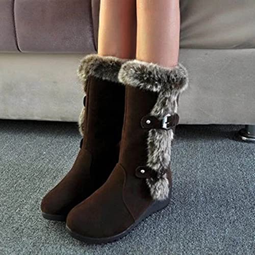 Womens Rain Boots, Women's Fashion Suede Winter Warm Plus Fleece Cotton Boots Wedge Heel Belt Buckle Furry Boots