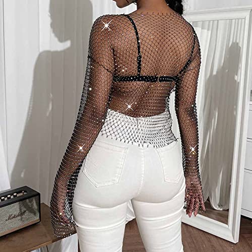 GENBREE Mesh Tank Top Rhinestone Body Chain Glitter Long Sleeve Cover up Crop Tops Elastic Fishnet Body Jewelry Accessories for Women and Girls