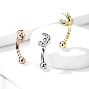 ssh Crescent Moon with CZ Curved Barbell Eyebrow Ring Rook Daith Snug Piercing 16G - Gold