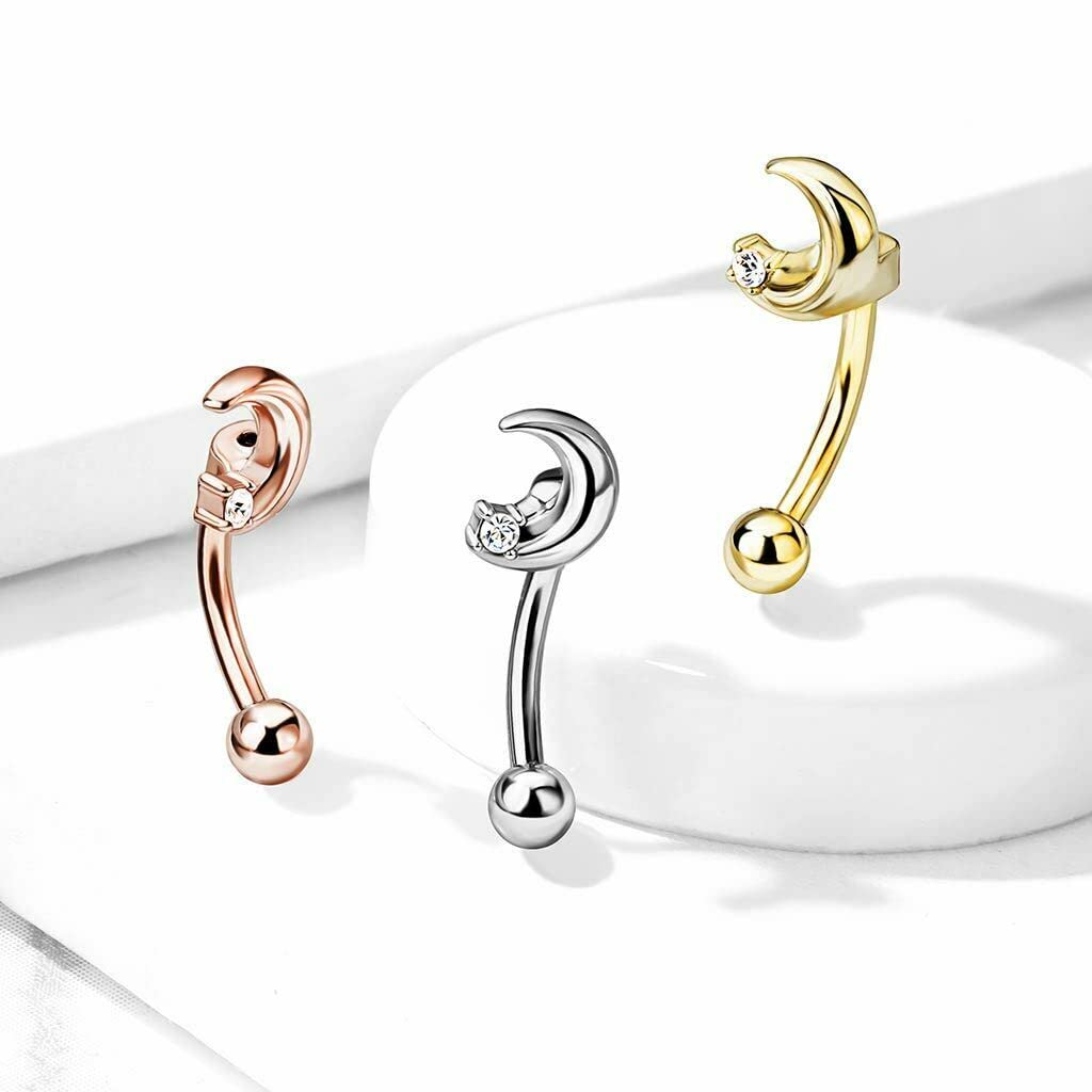 ssh Crescent Moon with CZ Curved Barbell Eyebrow Ring Rook Daith Snug Piercing 16G - Gold