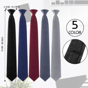 Clip on Ties for Men Solid Color Men's Tie Clip on Ties 20 Inch Pretied Men's Clip Ties Uniform Solid Clip on Tie (Black, Grey, Blue, Burgundy, Light Grey, 5 Pieces)