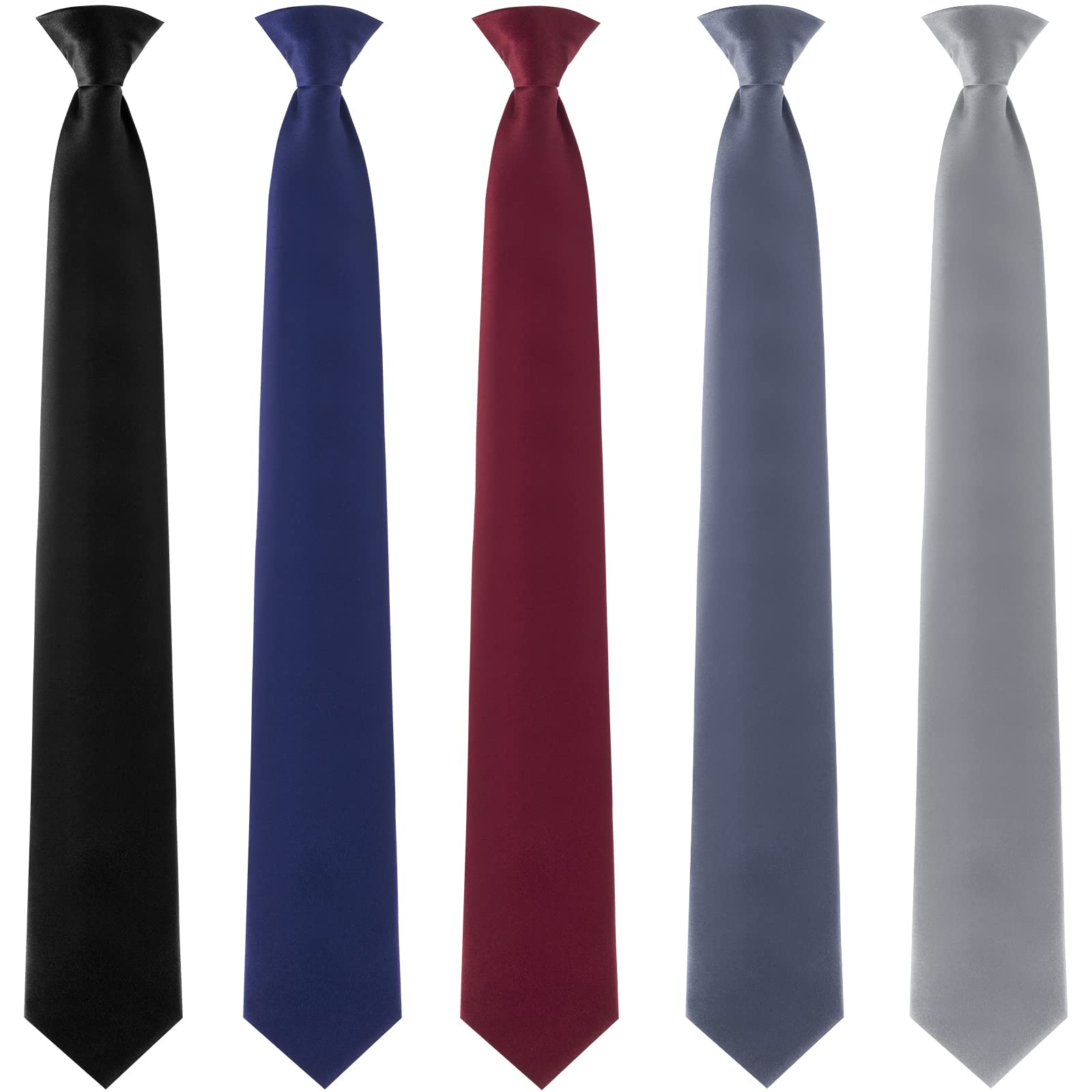 Clip on Ties for Men Solid Color Men's Tie Clip on Ties 20 Inch Pretied Men's Clip Ties Uniform Solid Clip on Tie (Black, Grey, Blue, Burgundy, Light Grey, 5 Pieces)