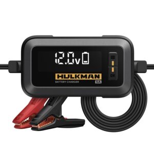 hulkman sigma 5 float battery trickle charger, 5a 6v/12v smart car battery charger with led screen, automatic maintainer and desulfator for car, motorcycle, atv, lithium, and deep cycle batteries