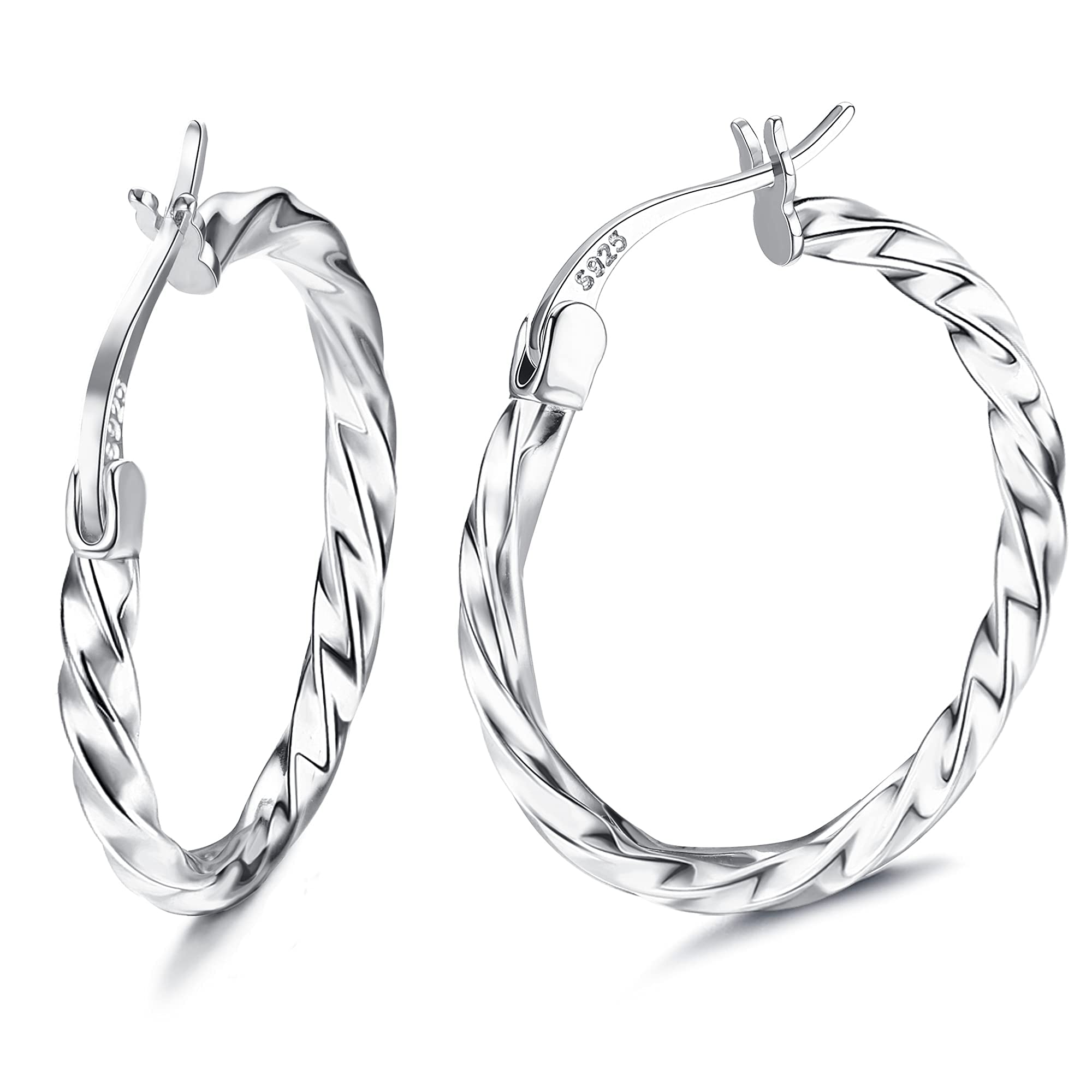 Milacolato 925 Sterling Silver Hoop Earrings for Women 18K White Gold Plated Twisted Hoop Earrings Hypoallergenic Lightweight Click-Top Big Hoop Earrings 25mm