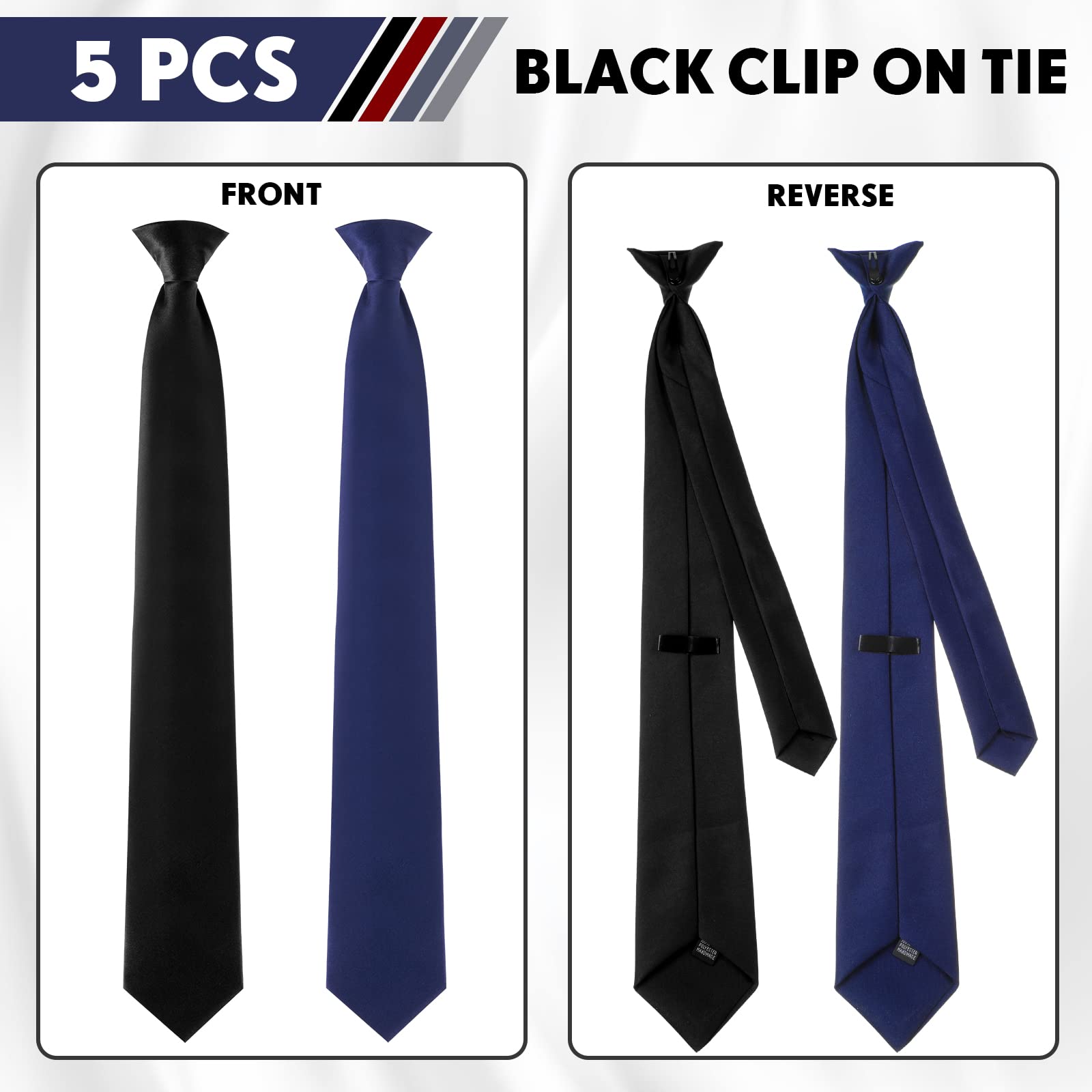 Clip on Ties for Men Solid Color Men's Tie Clip on Ties 20 Inch Pretied Men's Clip Ties Uniform Solid Clip on Tie (Black, Grey, Blue, Burgundy, Light Grey, 5 Pieces)