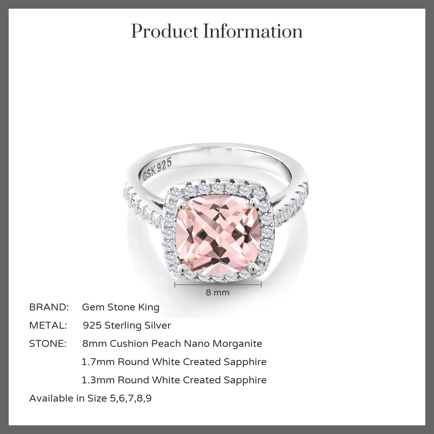 Gem Stone King 925 Sterling Silver Peach Nano Morganite and White Created Sapphire Ring For Women (2.50 Cttw, Gemstone Birthstone, Available In Size 5, 6, 7, 8, 9)