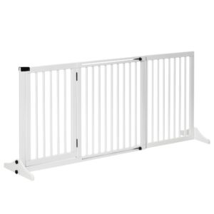 pawhut adjustable wooden pet gate, freestanding dog fence for doorway, hall, 3 panels w/safety barrier, lockable door, white, 44.5"-65.25" l x 14.25" h