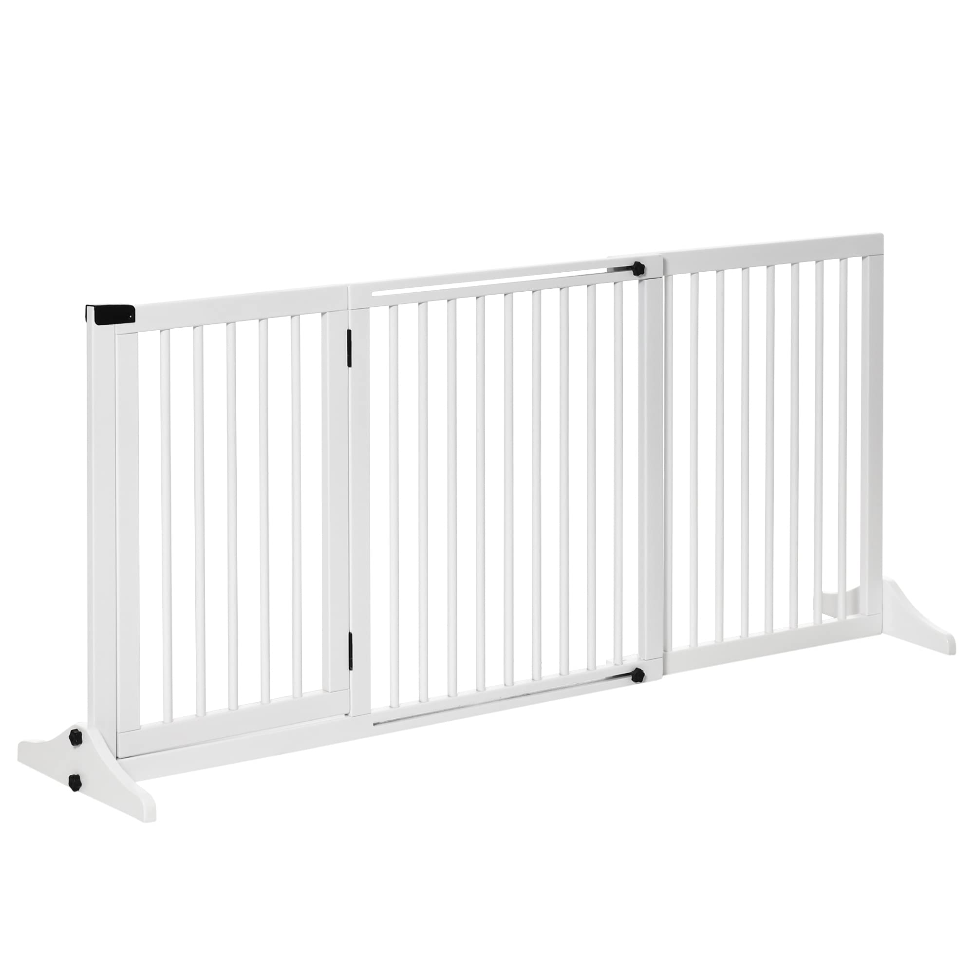 PawHut Adjustable Wooden Pet Gate, Freestanding Dog Fence for Doorway, Hall, 3 Panels w/Safety Barrier, Lockable Door, White, 44.5"-65.25" L x 14.25" H