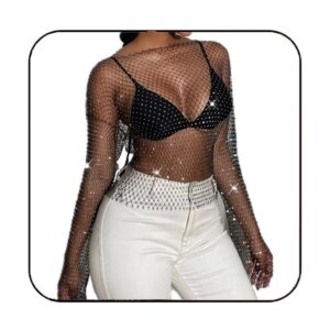 genbree mesh tank top rhinestone body chain glitter long sleeve cover up crop tops elastic fishnet body jewelry accessories for women and girls