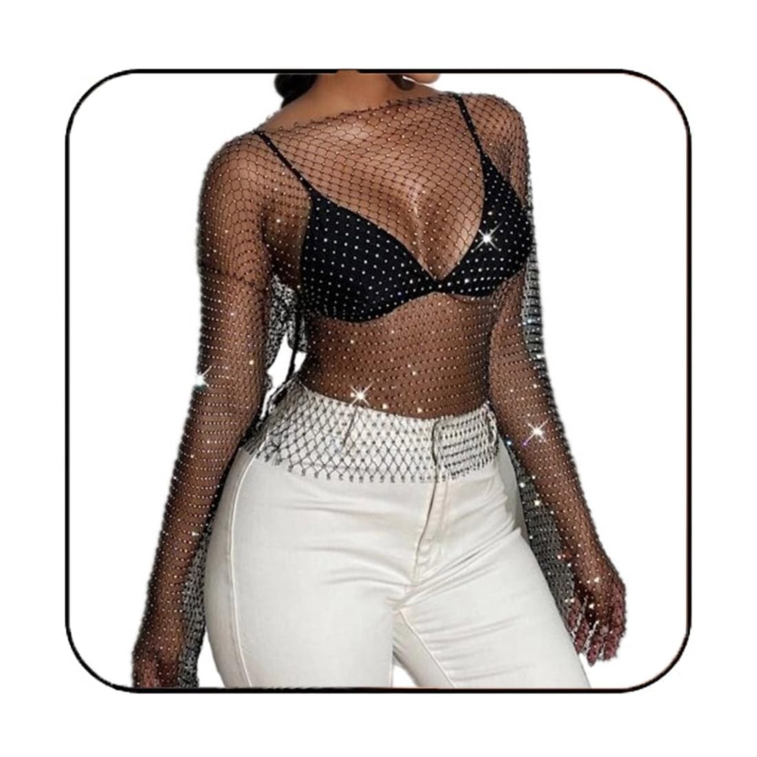 GENBREE Mesh Tank Top Rhinestone Body Chain Glitter Long Sleeve Cover up Crop Tops Elastic Fishnet Body Jewelry Accessories for Women and Girls