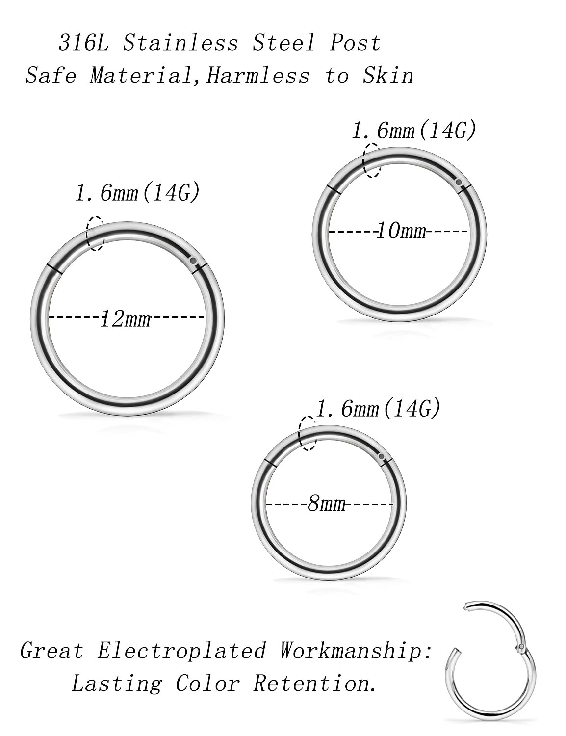 Xnsjeyy 14G Stainless Steel Nose Rings Hoops Hinged Clicker Septum Ring Lip Ring Cartilage Tragus Earrings Body Piercing Jewelry for Women Silver