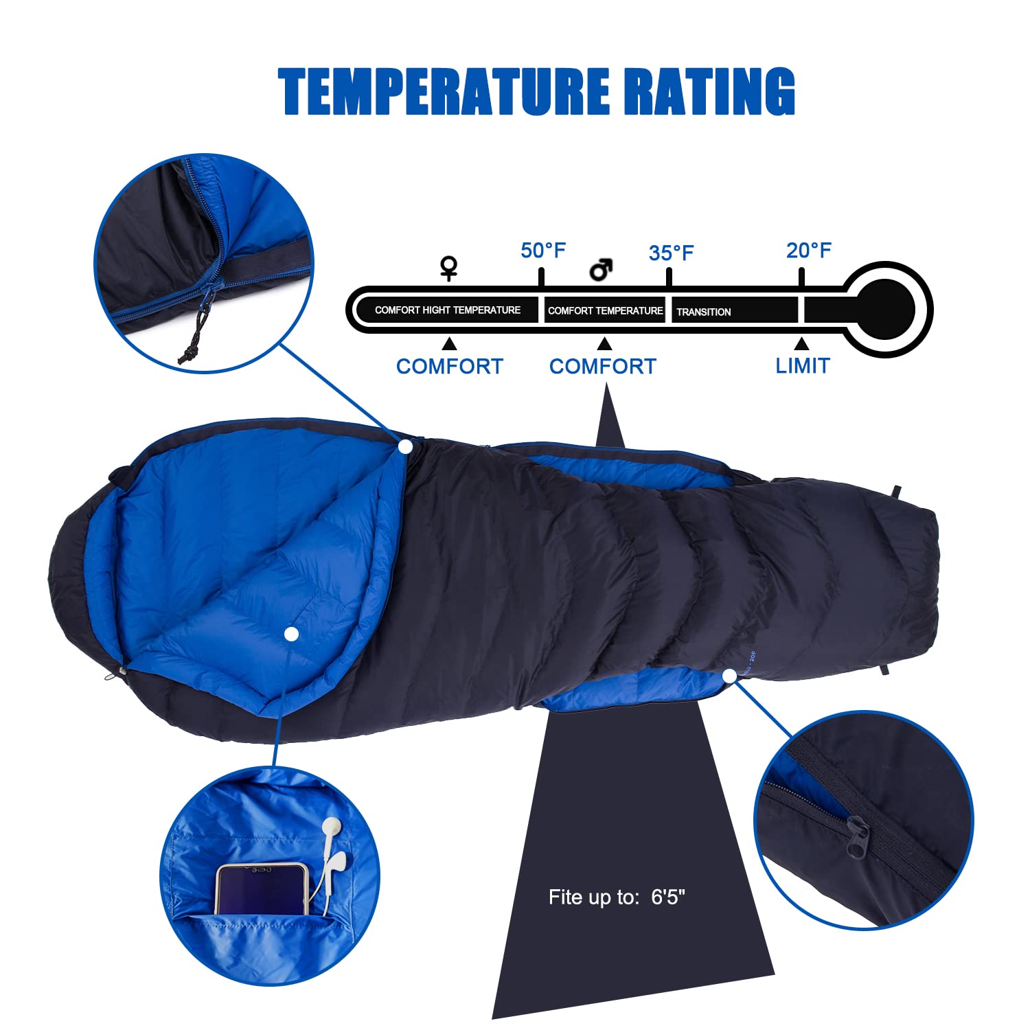 Mountaintop Ultralight Mummy Down Sleeping Bag 550 Fill Power Duck Down Suits for 50F 35F 20F for Camping Hiking Backpacking (Navy 35F)