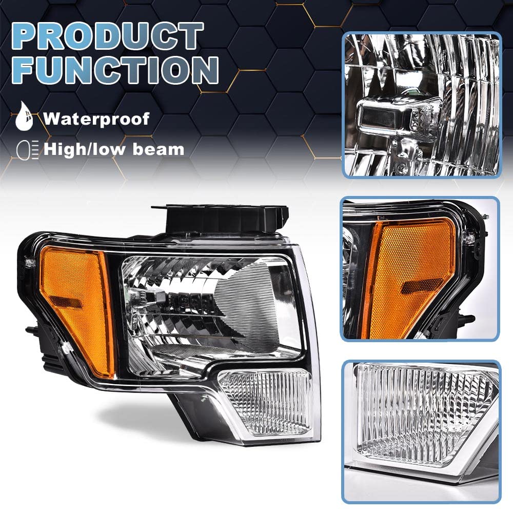 PIT66 LED Headlight Compatible with 09-14 Ford F150 2009-2014, Left and Right Driver & Passenger (Basic Style, Clear Lens Chrome Housing Amber Reflector)