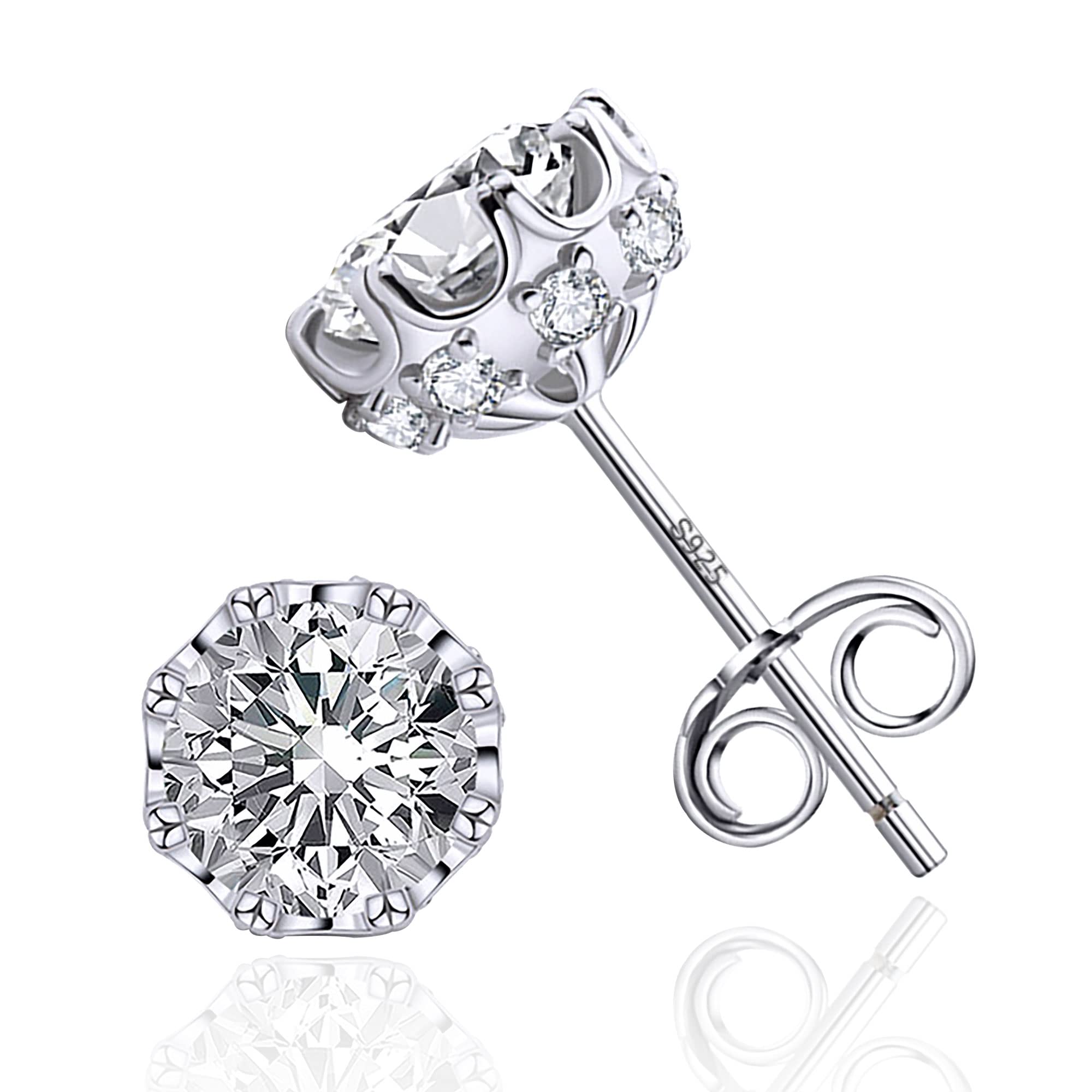 AMORAMOR & FOREVER 18K White Gold Plated Brilliant Cut Cubic Zirconia Stud Earrings For Women Men 8 Prong 8 Swarovski Zirconia Sterling Silver Post Hypoallergenic CZ Stud Earrings (CLEAR)