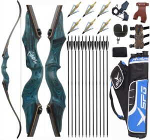 vogbel 60" archery bow and arrows set for adults black hunter takedown recurve bow survival bow hunting longbow bamboo core limbs for right handed shooters target shooting practice(60lb)