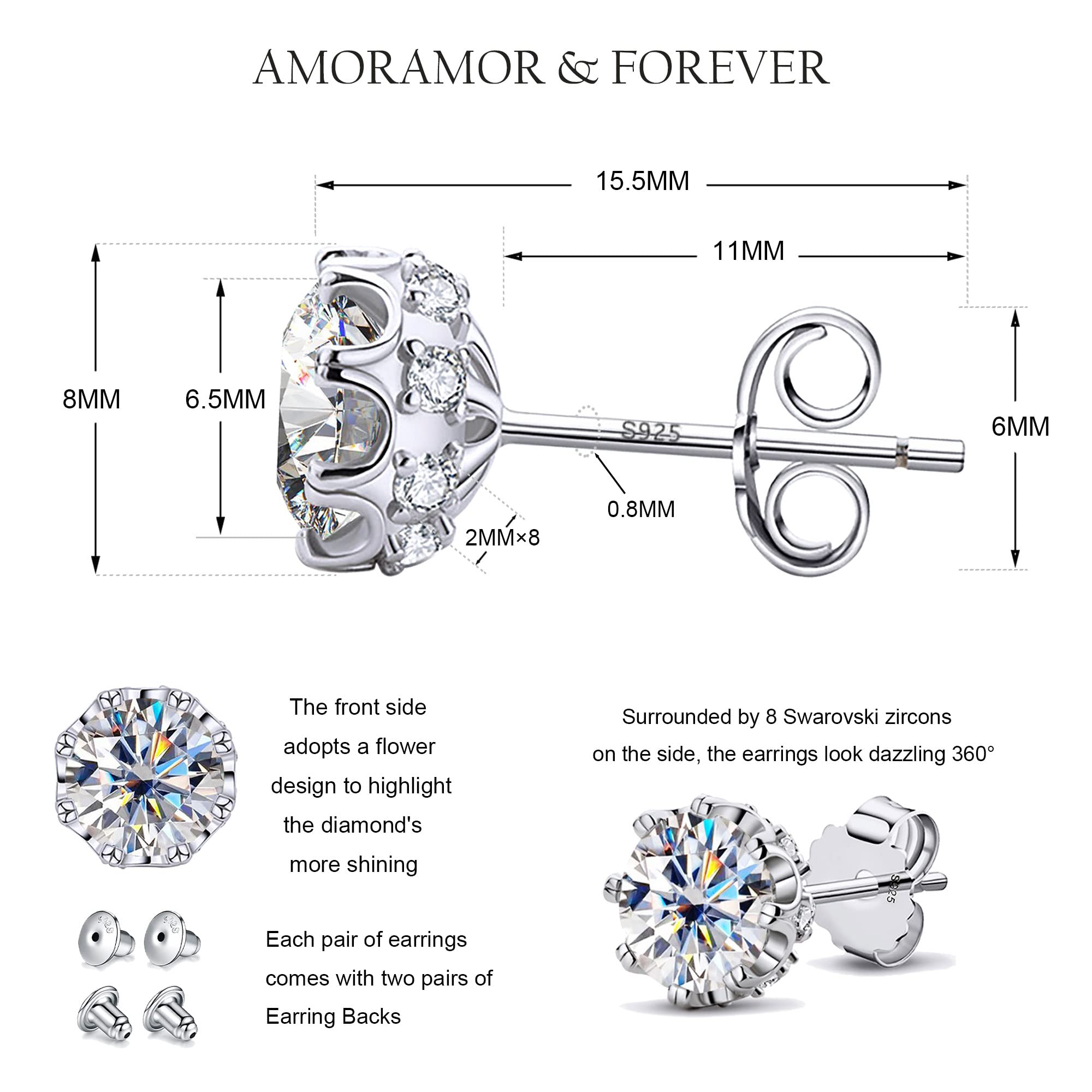 AMORAMOR & FOREVER 18K White Gold Plated Brilliant Cut Cubic Zirconia Stud Earrings For Women Men 8 Prong 8 Swarovski Zirconia Sterling Silver Post Hypoallergenic CZ Stud Earrings (CLEAR)