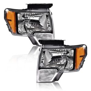 pit66 led headlight compatible with 09-14 ford f150 2009-2014, left and right driver & passenger (basic style, clear lens chrome housing amber reflector)