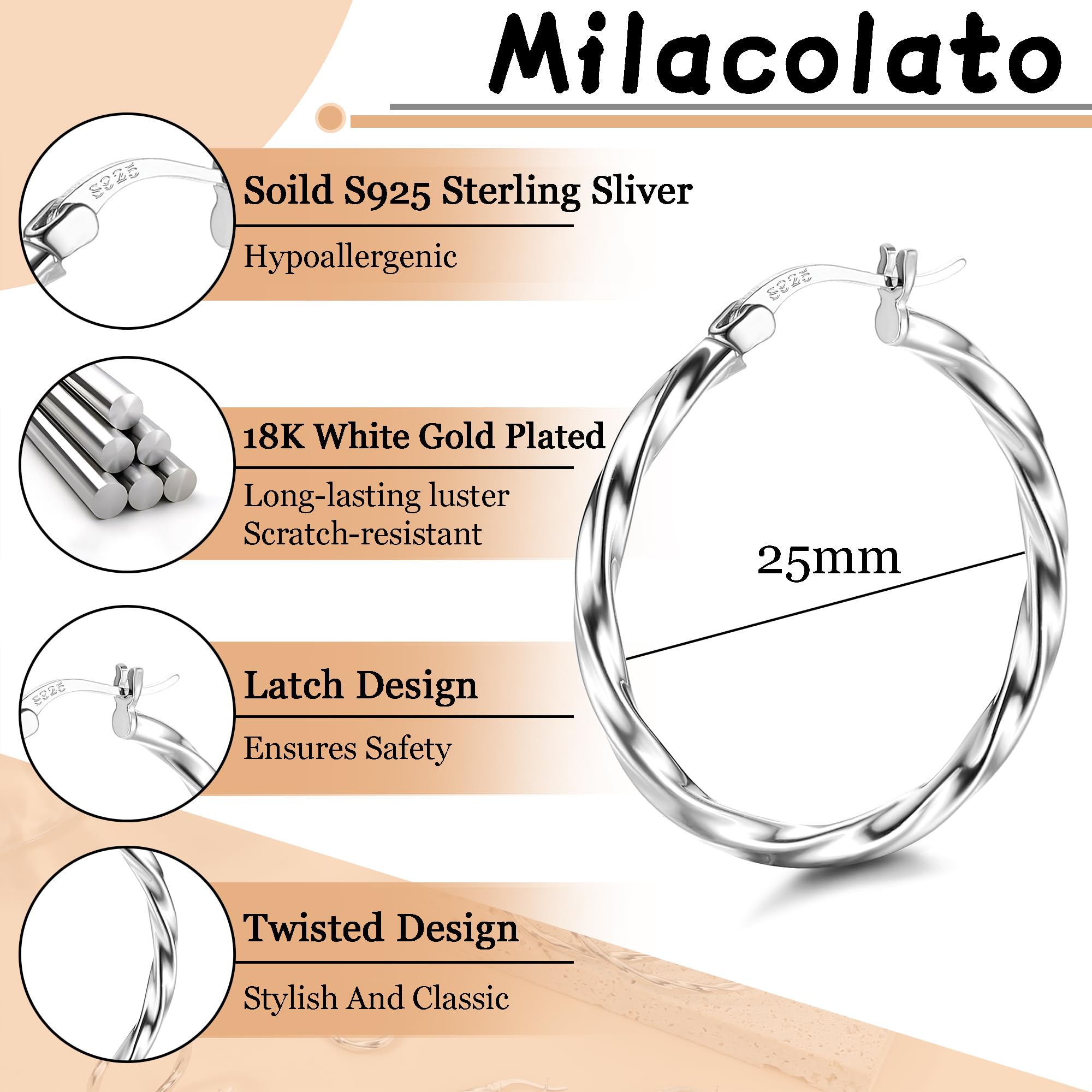 Milacolato 925 Sterling Silver Hoop Earrings for Women 18K White Gold Plated Twisted Hoop Earrings Hypoallergenic Lightweight Click-Top Big Hoop Earrings 25mm