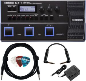 boss gt-1 guitar effects processor bundle with ac adapter, instrument cable, patch cable, and picks