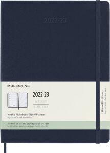 moleskine classic 18 month 2022-2023 weekly planner, hard cover, xl (7.5" x 9.75"), sapphire blue