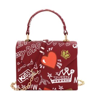 trendeology mini top-handle heart graphics box flap pu leather satchel purse crossbody