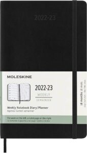 moleskine classic 18 month 2022-2023 weekly planner, soft cover, large (5" x 8.25"), black