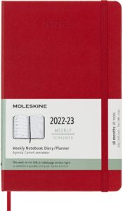 moleskine classic 18 month 2022-2023 weekly planner, hard cover, large (5" x 8.25"), scarlet red