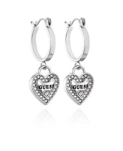 guess silvertone logo heart dangle charm hoop earrings