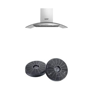 comfee cvg36w8ast 36 inches range hood with 2 pack cvp/cvg-cf carbon filters, 450 cfm 3 speed exhaust fan, curved glass, 2 led lights, ductless/ducted, stainless steel