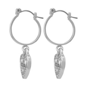 GUESS Silvertone Logo Heart Dangle Charm Hoop Earrings