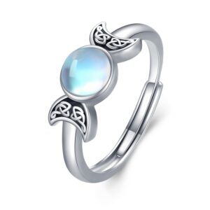 lotus & leaf triple moon goddess ring sterling silver moonstone jewelry pagan wiccan ring triple moon goddess gifts for women