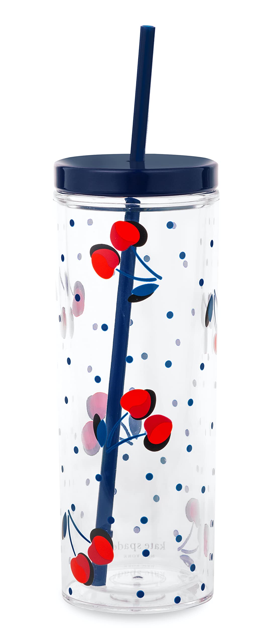 Kate Spade New York Insulated Tumbler with Reusable Straw, 24 Ounce Acrylic Travel Cup with Lid, Vintage Cherry Dot