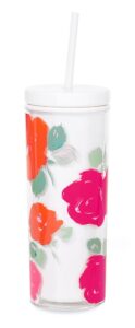 kate spade new york floral acrylic tumbler with lid and straw, 20 oz tumbler, slim double wall tumbler, brushy rose