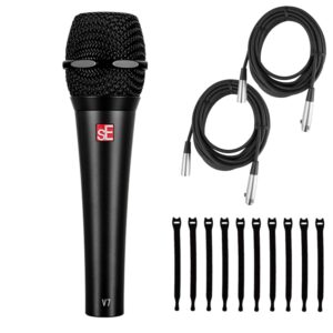 briskdrop se electronics v7 black dynamic supercardioid handheld microphone, black - bundle with 2 xlr cables and 10 cable ties