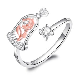 jxjl woman ring adjustable silver jewelry beauty beast rose flower cute open finger rings gifts for valentines day mothers day x'mas birthday for women