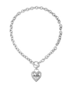 guess silver-tone dangle logo heart pendant toggle necklace