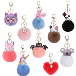 plzoslly 10 pieces animal pom pom keychain cute fluffy key ring, unicorn keychain heart pompom keyrings ball fluffy fur fluffy key ring for women girls bag accessories