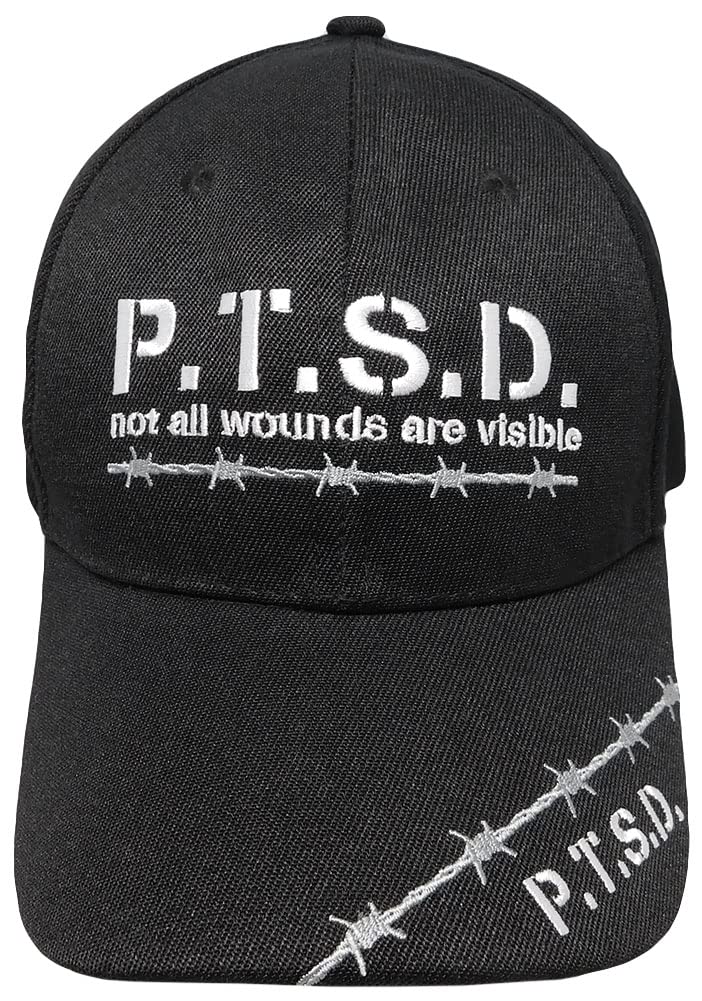 P.T.S.D. Not All Wounds are Visible Black Barb Barbed Wire Acrylic Adjustable Embroidered Cap Hat