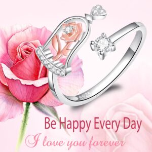 JXJL Woman Ring Adjustable Silver Jewelry Beauty Beast Rose Flower Cute Open Finger Rings Gifts for Valentines Day Mothers Day X'mas Birthday for Women