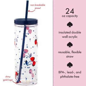 Kate Spade New York Insulated Tumbler with Reusable Straw, 24 Ounce Acrylic Travel Cup with Lid, Vintage Cherry Dot