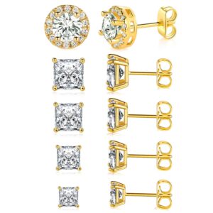 18k gold plated earrings princess cut cubic zirconia stud earrings set simulated diamond halo studs for women men hypoallergenic jewelry pack of 5