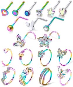 oicctyzio 20g nose rings studs hoops for women surgical stainless steel l shaped nose studs screw straight nose rings star butterfly opal heart nose ring studs nostril piercing jewelry hypoallergenic